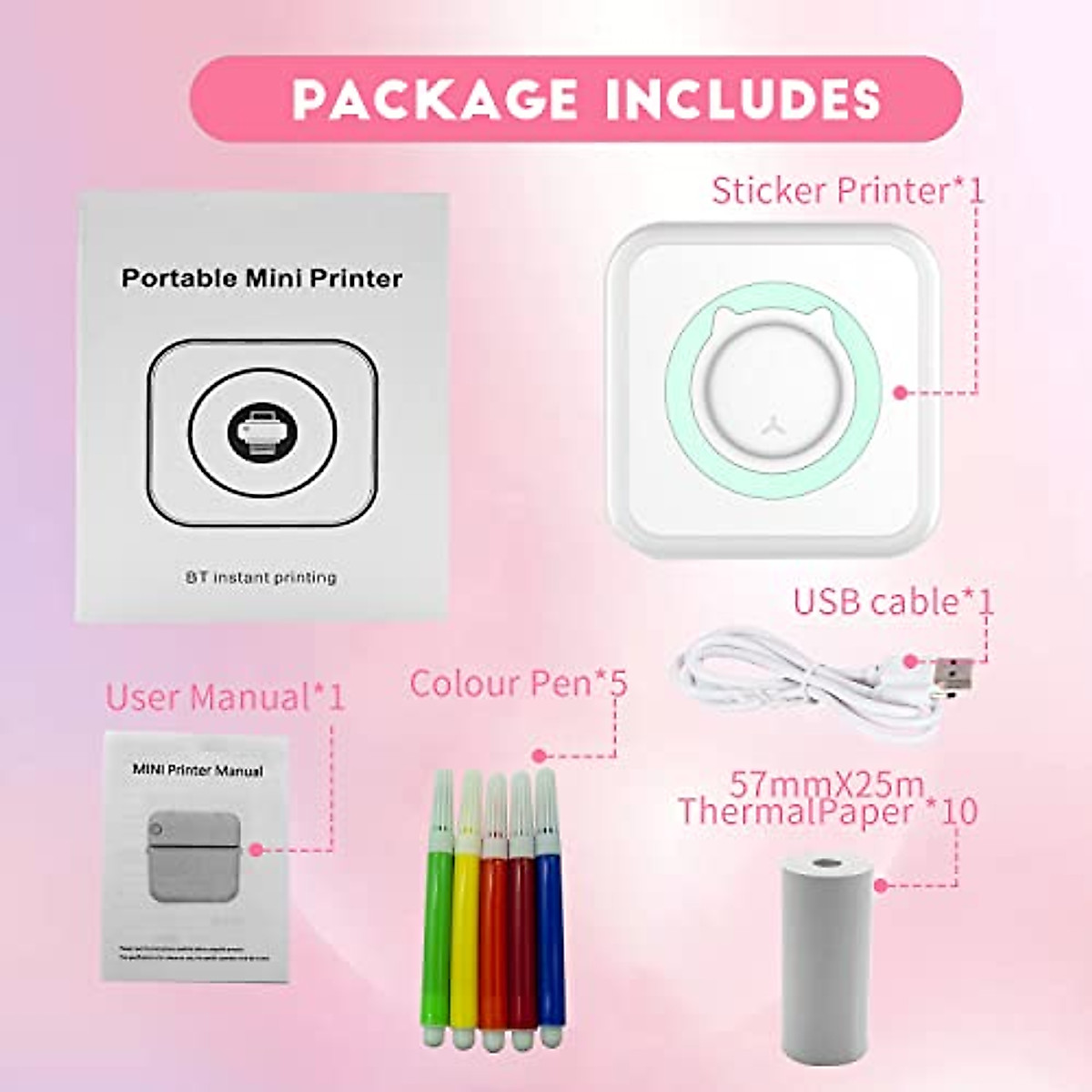 InstaProud - Portable Sticker Mini Printer, Mini C15 Pocket Thermal Printer,Wireless Bluetooth Photo Printer, Portable Label Sticker Printer for Photos Diaries Memos Study Notes(Blue-10 Paper Rolls)