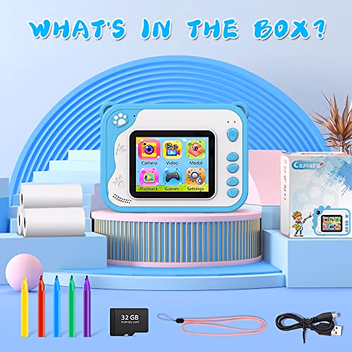 USHINING Instant Print Camera for Kids, 12MP Digital Camera for Kids Aged 3-12 Ink Free Printing 1080P Video Camera for Kids with 32GB SD Card,Color Pens,Print Papers (Blue)