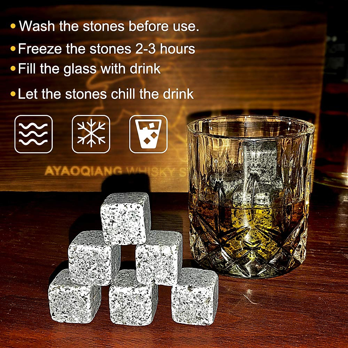 Whiskey Stones Glass Gift Set,16 Granite Whiskey Rocks,2 Crystal Whiskey Glasses & Velvet Bag Granite Chilling Rocks in Premium Wooden Box,Best Drinking Gifts for Men Dad Husband Birthday Party