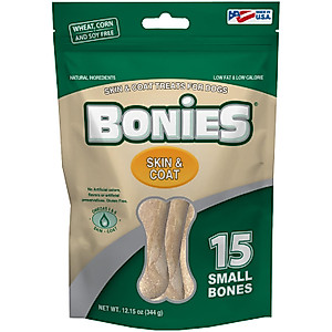 Bonies Natural Skin & Coat Formula Small-Sized Single Bone - Promote Silky Coat & Healthy Skin, Healthy Teeth & Fresh Breath, Low Calories - Chicken Flavor, 15 Count