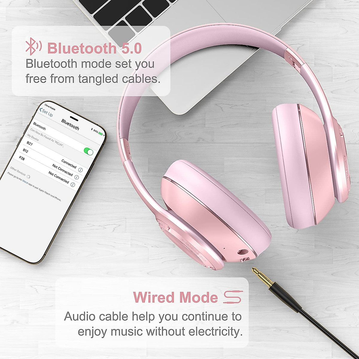 Picun Bluetooth Headphones 100 Hours Wireless Gaming Headphones Over Ear Low Latency Bluetooth 5.0 HiFi Extra Bass, Noise Reduction Mic, Protein Earpads, Foldable Headset for Women Girls Office Class