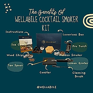 WELLABILE Cocktail Smoker Kit with Torch, Four Kinds of Wood Chips for Bourbon, Whiskey, Drink. Valentines or Birthday Gift Set for Your Friends, Husband, Dad. Old Fashioned Smoker Kit. (No Butane)