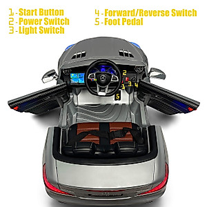 Americas Toys Kids Car with Remote Control, Mp4 Touch Screen, LED Wheels, Leather Seat – Electric Car for Kid to Drive, Open Trunk, Pull Handle, Compatible with Mercedes Benz Painted Silver