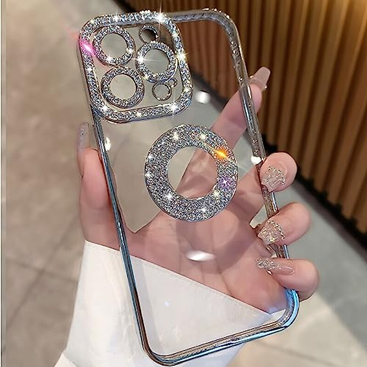 Changjia for iPhone 13 Pro Max Clear Glitter Case,Cute Bling Sparkle Shiny with Rhinestones Diamond Camera Protection Logo View Soft Plating Bumper Women Girls Case for iPhone 13 Pro Max 6.7" (Silver)