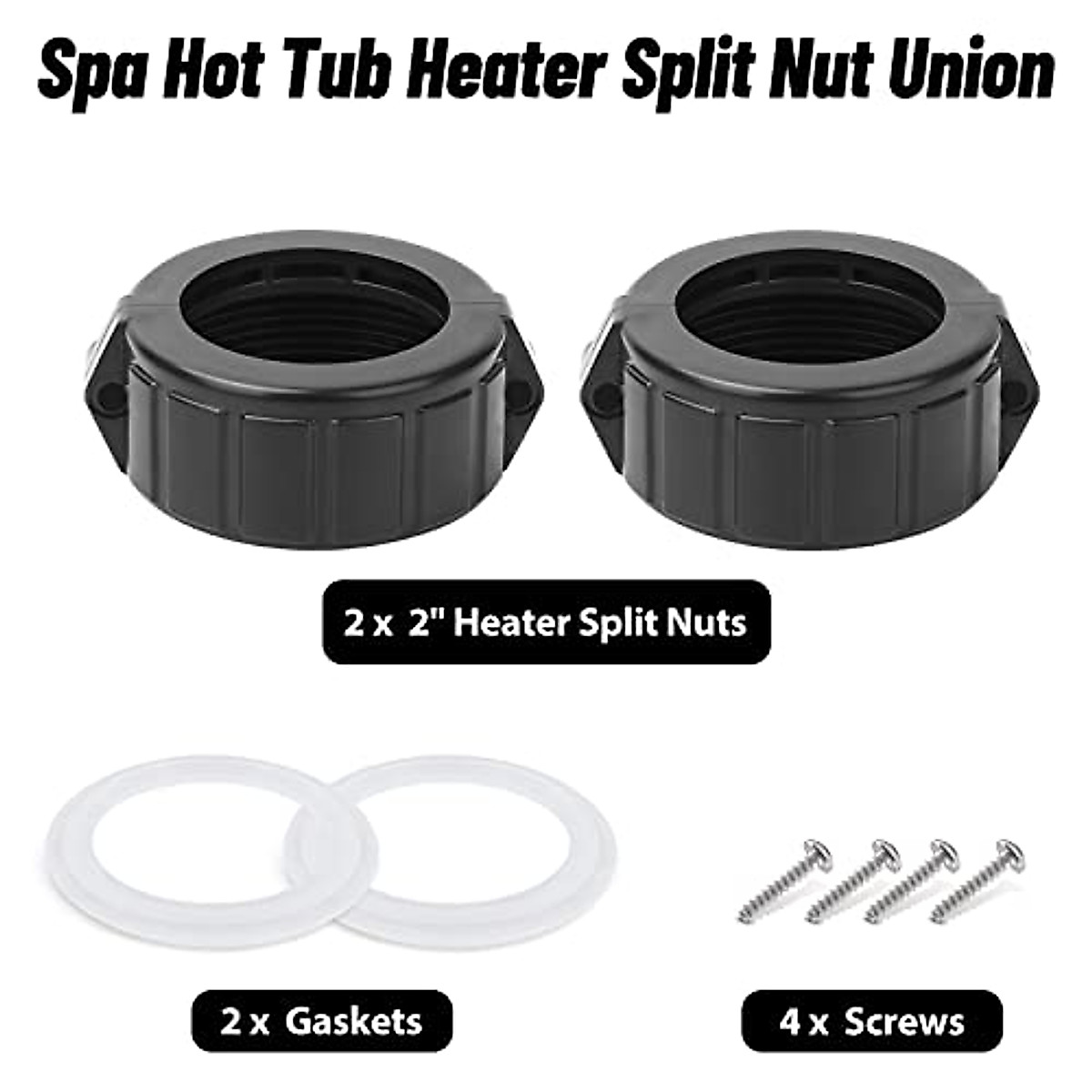 2" Spa Hot Tub Heater Split Nut Union amp with Screw, 2 pcs Heater Gasket/O-Rings Replacement for Balboa Gecko (Actual Size 3 Inch,Suitable for 2 Inch Heater Assemblies) - 2 Packs