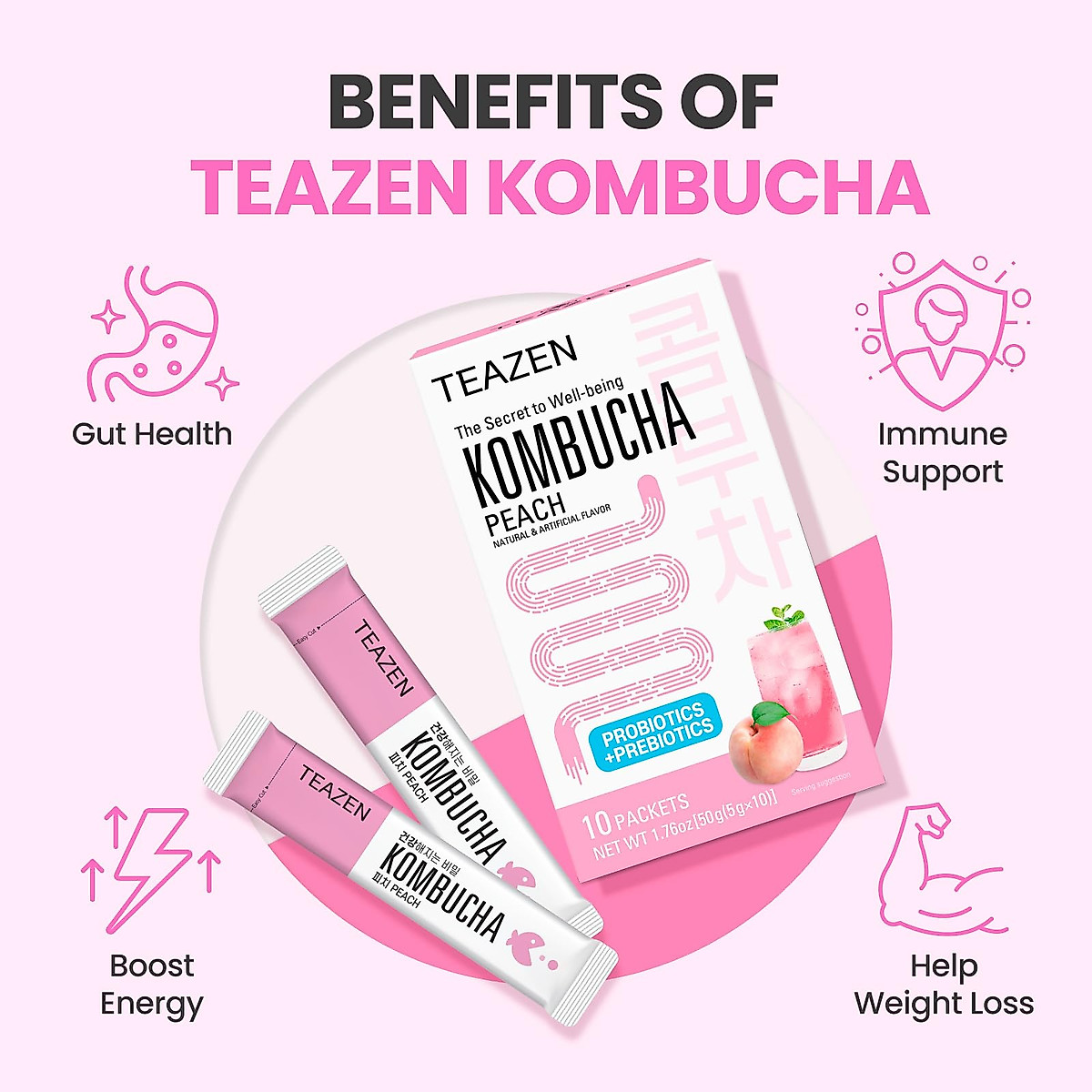 TEAZEN Kombucha 4 Flavors 40 Sticks Variety Pack, Kombucha Lemon, Peach, Berry Citron (40 Sticks)