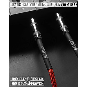 Mophead 15-Foot Guitar Instrument Cable - 1/4 Inch TS to 1/4 Inch TS Right Angle Pro Grade Double Insulated Tweed Braided for Electric Guitar, Bass, Amp, Keyboard (Red with Black Stripe)