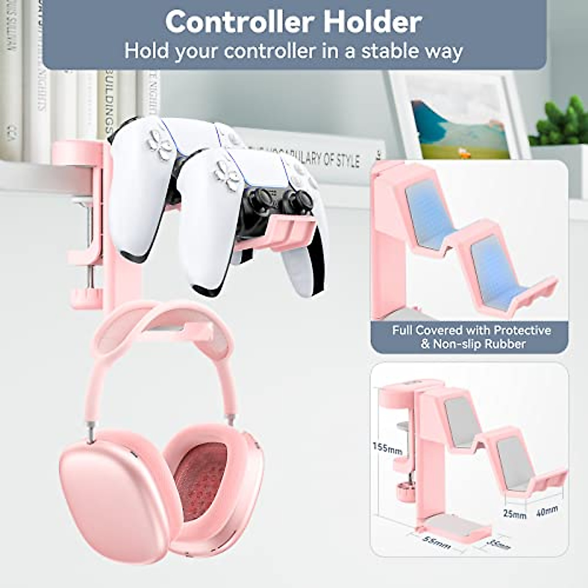KDD Rotatable Headphone Hanger - 3 in 1 Under Desk Clamp Controller Stand Replaceable Cup Holder - Compatible with Universal Headset, Controller, Cup(Pink)