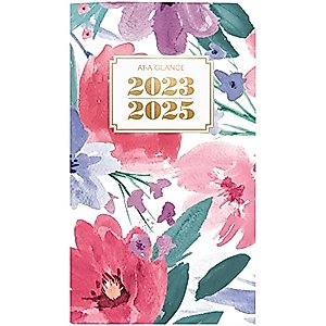 AT-A-GLANCE 2023-2025 Pocket Calendar, 2 Year, Monthly Academic Planner, 3-1/2" x 6", Pocket Size, BADGE Floral (1664F-021A)