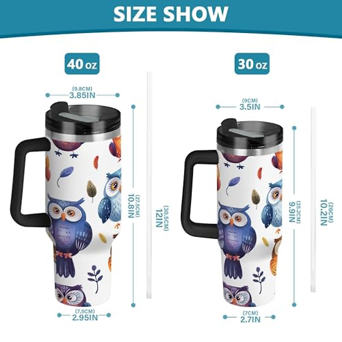 FRCSDIY Cartoon Owl Insulated Tumbler with Handle and Straw Lid,30oz Leakproof Stainless Steel Cup BPA-Free Water Bottle