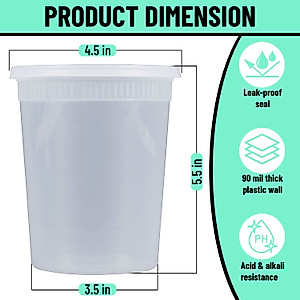 [24 Sets] 32 Oz. Plastic Deli Food Storage Containers with Airtight Lids, USA Heavy Duty, Slime, Soup, Meal Prep Containers | BPA Free | Stackable | Leakproof | Microwave/Dishwasher/Freezer Safe,