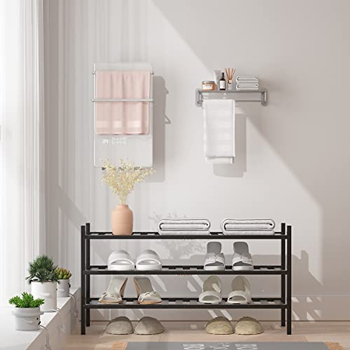 RONGJIA 3-Tier Natural Bamboo Shoe Rack - Stackable Storage Shelf with Multi-Function Combinations - Free Standing Shoe Racks for Convenient Shoe Organization（Black） 11" D x 27" W x 20" H