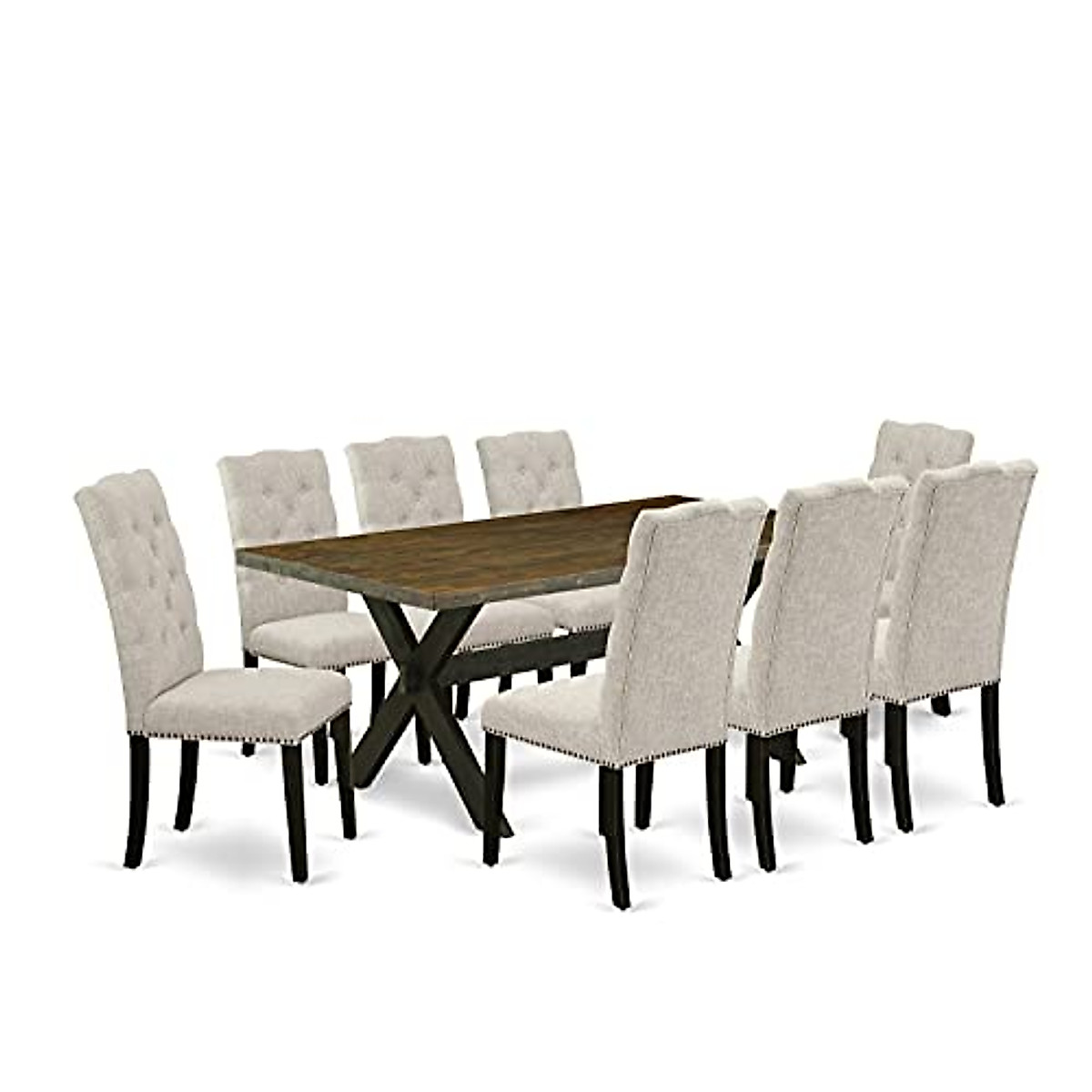 East West Furniture X677EL635-9 9-Piece Dining Set - Dinner Table Rectangular Top - 8 Beautiful Dining Chairs Padded Seat and Back (Distressed Espresso & Wire Brushed Black Finish)