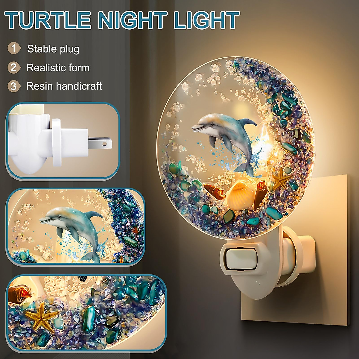 Hortsun Plug in Seashell Night Light Ocean Sea Animal Decorative Night Light Plug in Beach Nightlight Vintage Ocean Night Lamps for Adult for Home Bedroom Living Room Bathroom Wall(Dolphin)