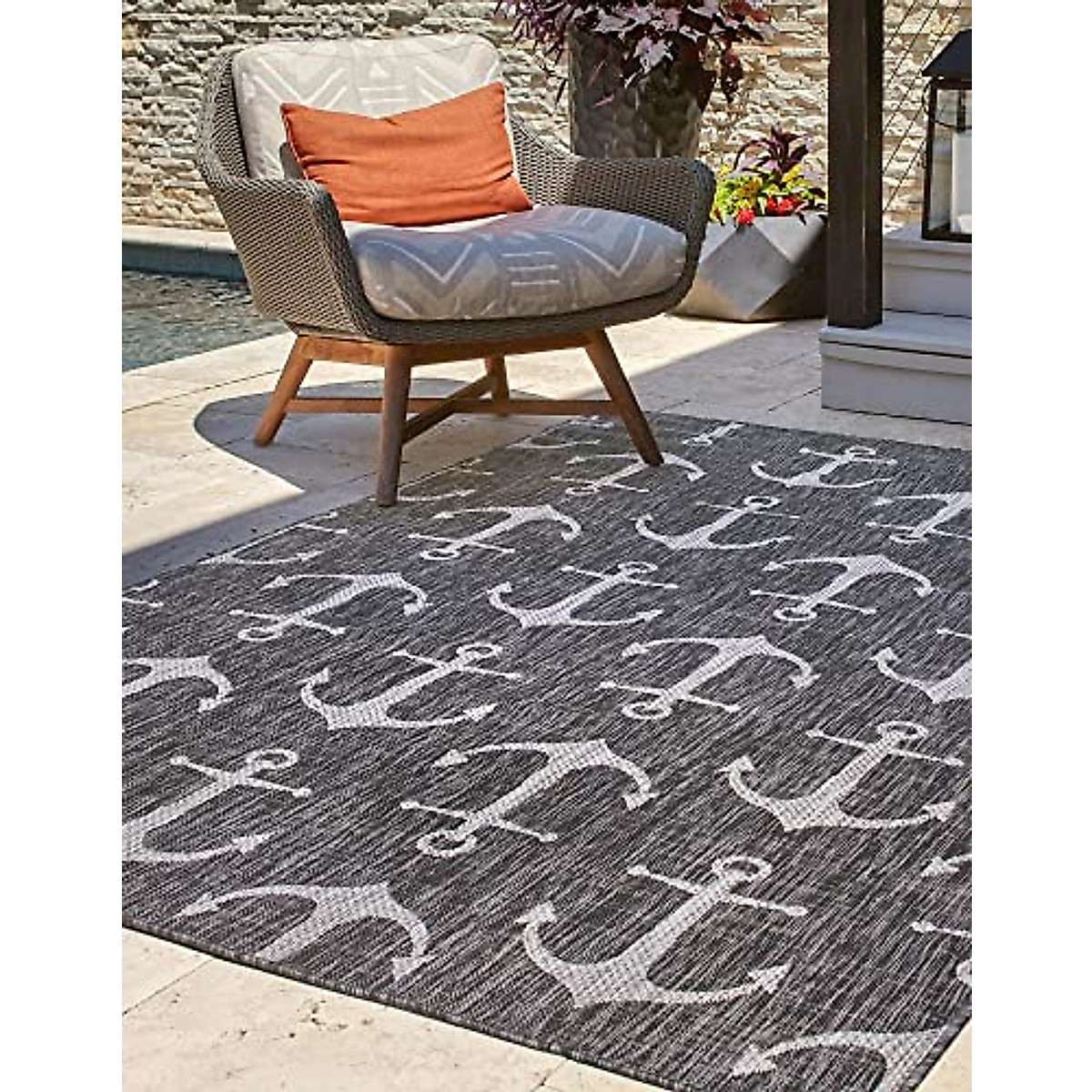 Unique Loom Outdoor Coastal Collection Area Rug - Ahoy (4' 1" x 6' 1" Rectangle, Charcoal/ Ivory)