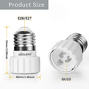 DiCUNO E26 to GU10 Adapter 160℃ Heat Resistant Maximum Wattage 200W E26 Standard Medium Base to GU10 Pin Base Socket Converter E26 Adapter (2-Pack)