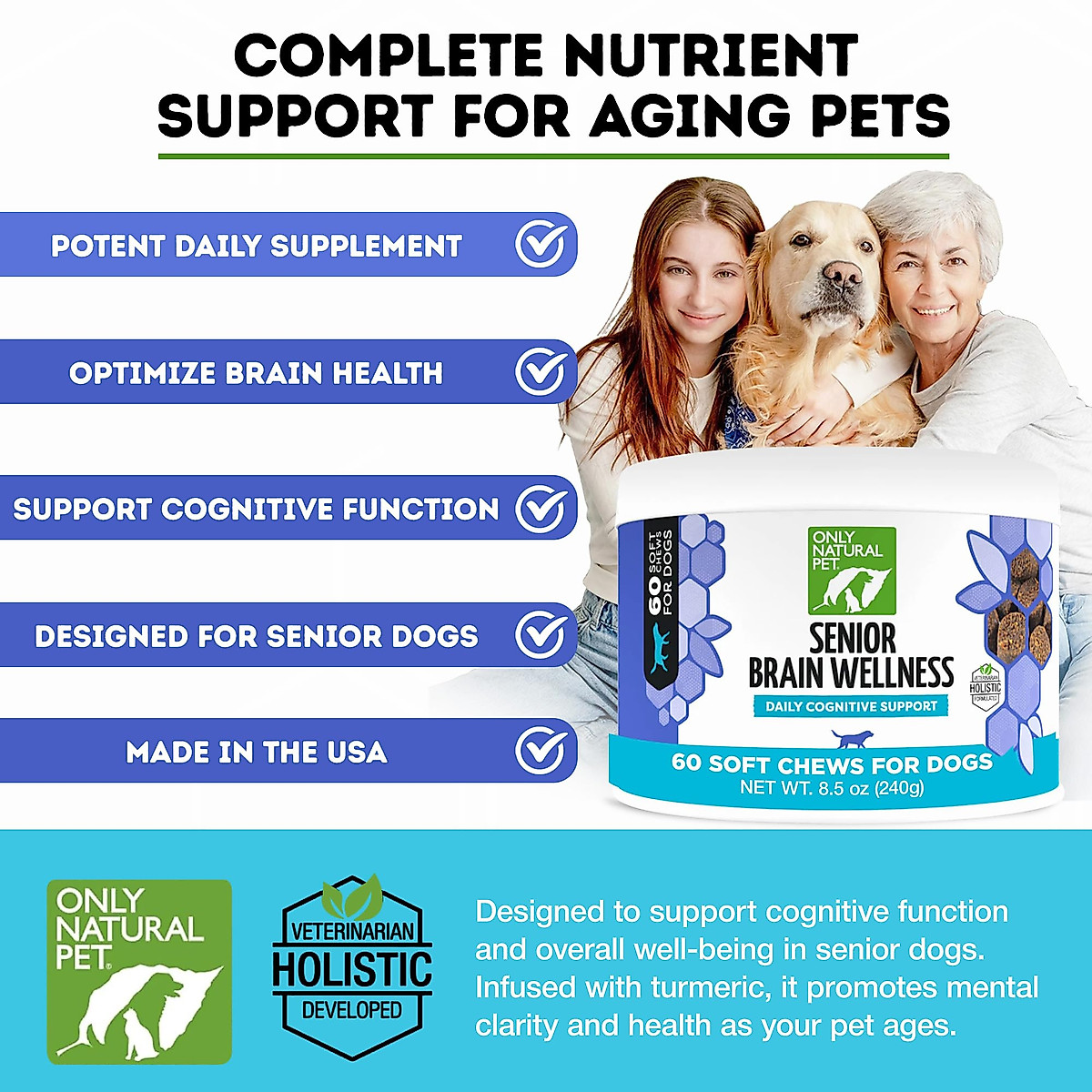 ONLY NATURAL PET Senior Brain Wellness Dog Chews - Soft Dog Chews for Senior Dogs, Small, Medium & Large Breeds, Toothless & Geriatric Dogs, Chicken & Bacon Flavor Dog Snacks, Baked Treats - 60 Count