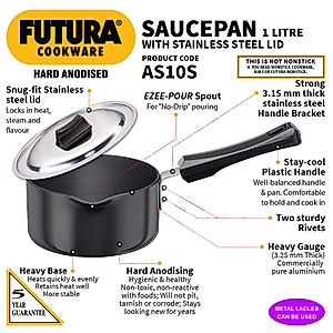Futura Hard Anodised 1.0 Litre with Steel Lid and Pouring Spout Sauce Pan, 1.05 Quart, Black