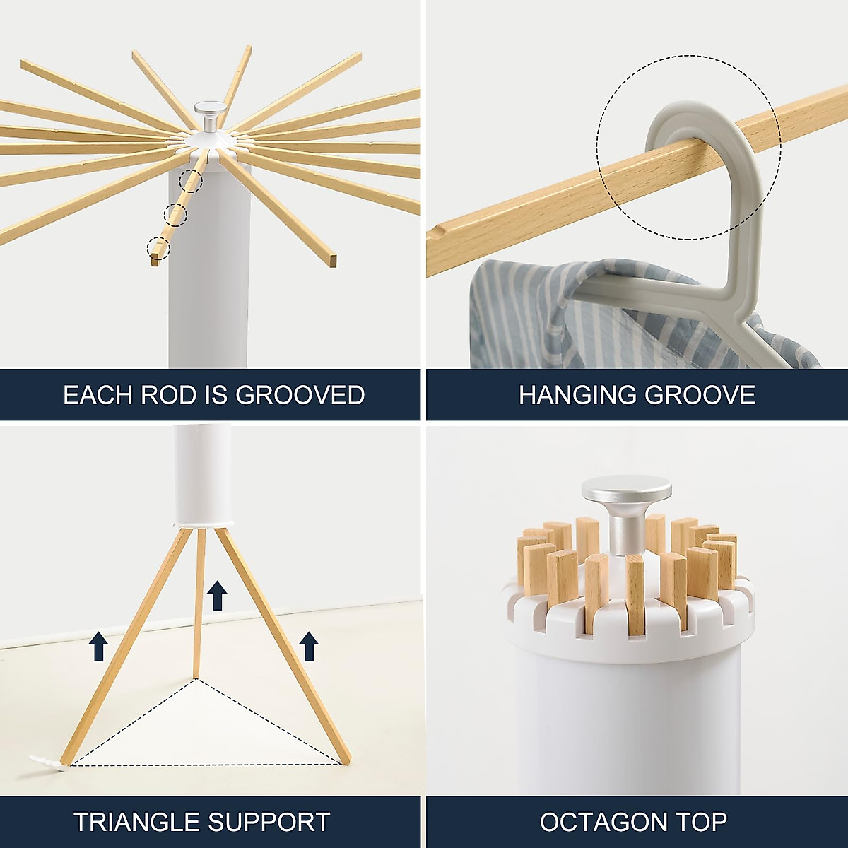 Kroias Tripod Clothes Drying Rack Wooden Drying Rack, Laundry Drying Rack Space Saving Foldable Drying Rack Clothing, Stand Outdoor Folding Portable Drying Rack with 16 Expandable Drying Rods