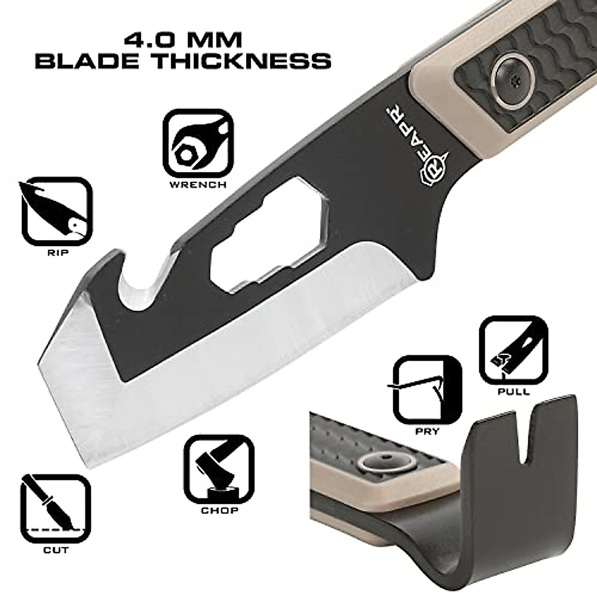 REAPR 11015 Versa TAC Wrecking Bar, Tactical Multitool Pry Bars for Demo, EDC, and Survival Gear, Nail Puller Tool w/Ripper Hook, 4" Blade Head, and More