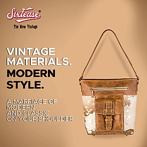 SIXTEASE Womens Shoulder Bag Vintage Style Shoulder Bags for Women - Made with Genuine Leather, Upcycled Canvas, or Hair On - Handmade, Adjustable Strap, Brass and Zinc Hardware - Tan Gold