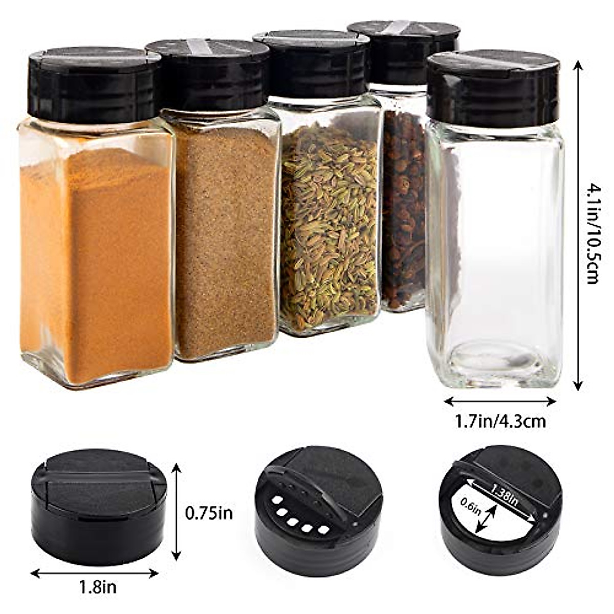 CUCUMI 36pcs 4oz Glass Spice Jars with Labels Spice Containers Square Spcie Bottles with Black Caps, 1pcs Silicone Collapsible Funnel 203pcs Waterproof Labels 1pcs Test Tube Brush 1 Chalk Marker