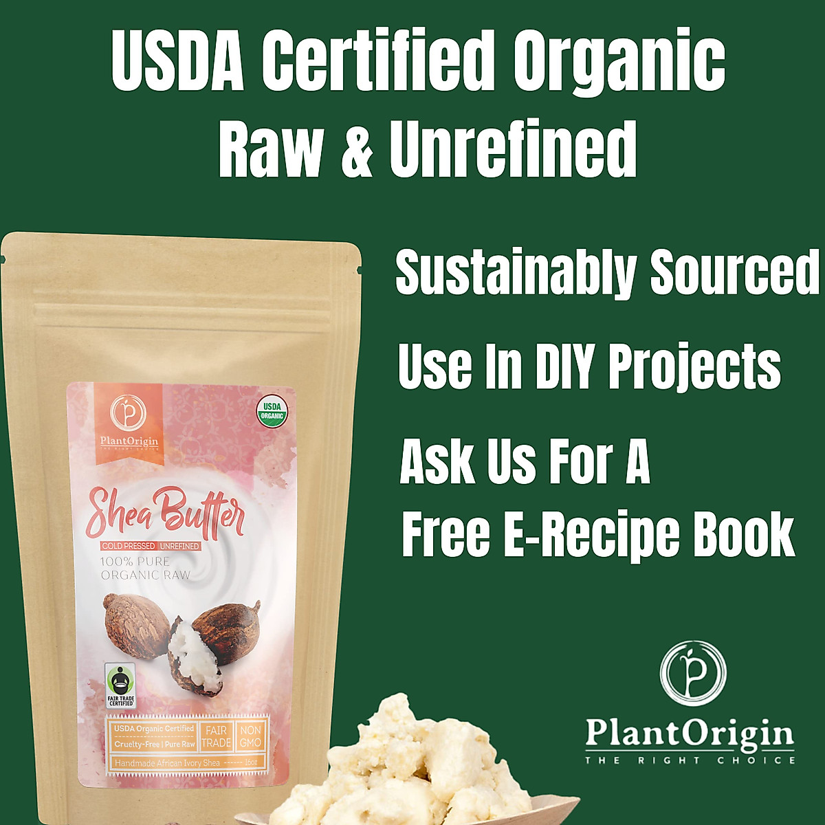 PLANTORIGIN Shea Butter 1 lb | Raw USDA Certified Organic | African Unrefined | Great for Hair, Skin, and your DIY Projects | Soap Making Base, Lip Balm, Stretch Mark Cream.