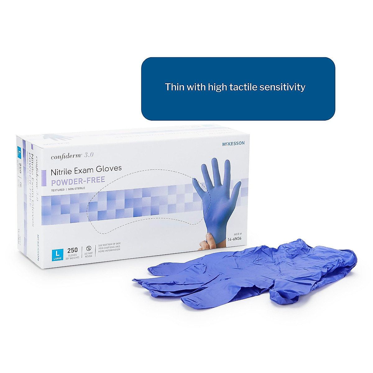 McKesson Confiderm 3.0 Nitrile Exam Gloves - Powder-Free, Latex-Free Medical Gloves, Ambidextrous, Disposable, Non-Sterile - Dark Blue, Size Large, 250 Count, 1 Box