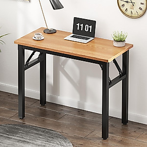 Need Small Computer Desk 31.5 inches Folding Table No Assembly Sturdy Small Writing Desk Folding Desk for Small Spaces, Teak Color Desktop and Black Steel Frame