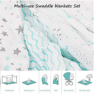 3 Pack Muslin Swaddle Blankets Girl Boy- Muslin Swaddle Blankets Boy - 100% Cotton - Large Size 47x47in - Soft Baby Muslin Blankets- Aqua/Grey Waves, Stars, Clouds, Rain