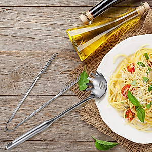 Patelai 2 Pcs Stainless Steel Pasta Spoon with Teeth Large Spaghetti Spoon Utensil, 9.4'' Pasta Tong and 13.6'' Pasta Fork with Vacuum Handle, Comfortable Grip Design Spoons for Kitchen(Silver)