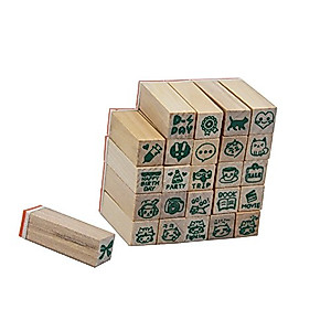 Wooden Rubber Stamps，Youkwer 25 Pcs Mini Cute DIY Diary Stamps Set with Wooden Box （Happy Life,Set of 25）