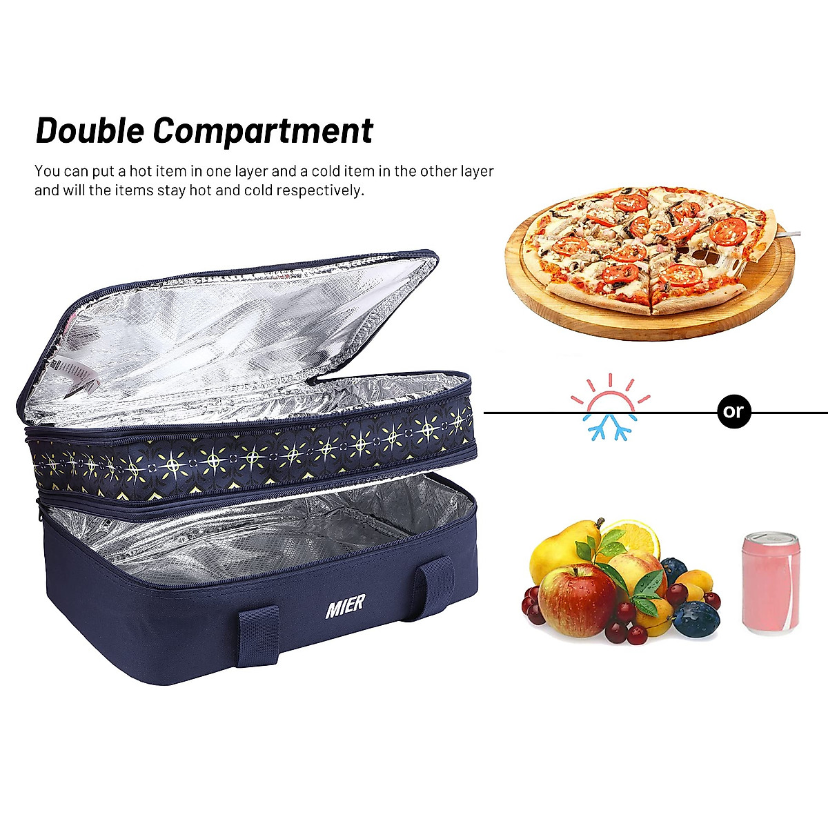 MIER Insulated Double Casserole Carrier Bag for Lasagna Lugger, Potluck Parties, Picnic, Beach, Fits 9 x 13 Inches Baking Dish, Casserole Dish, Expandable, Dark Blue