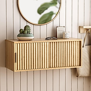 EYYTHUNG Fluted Wall Cabinet with Sliding Doors, Modern Large Floating Nightstand Storage Shelf Bedside Tables for Bedroom, Study Room Natural Oak