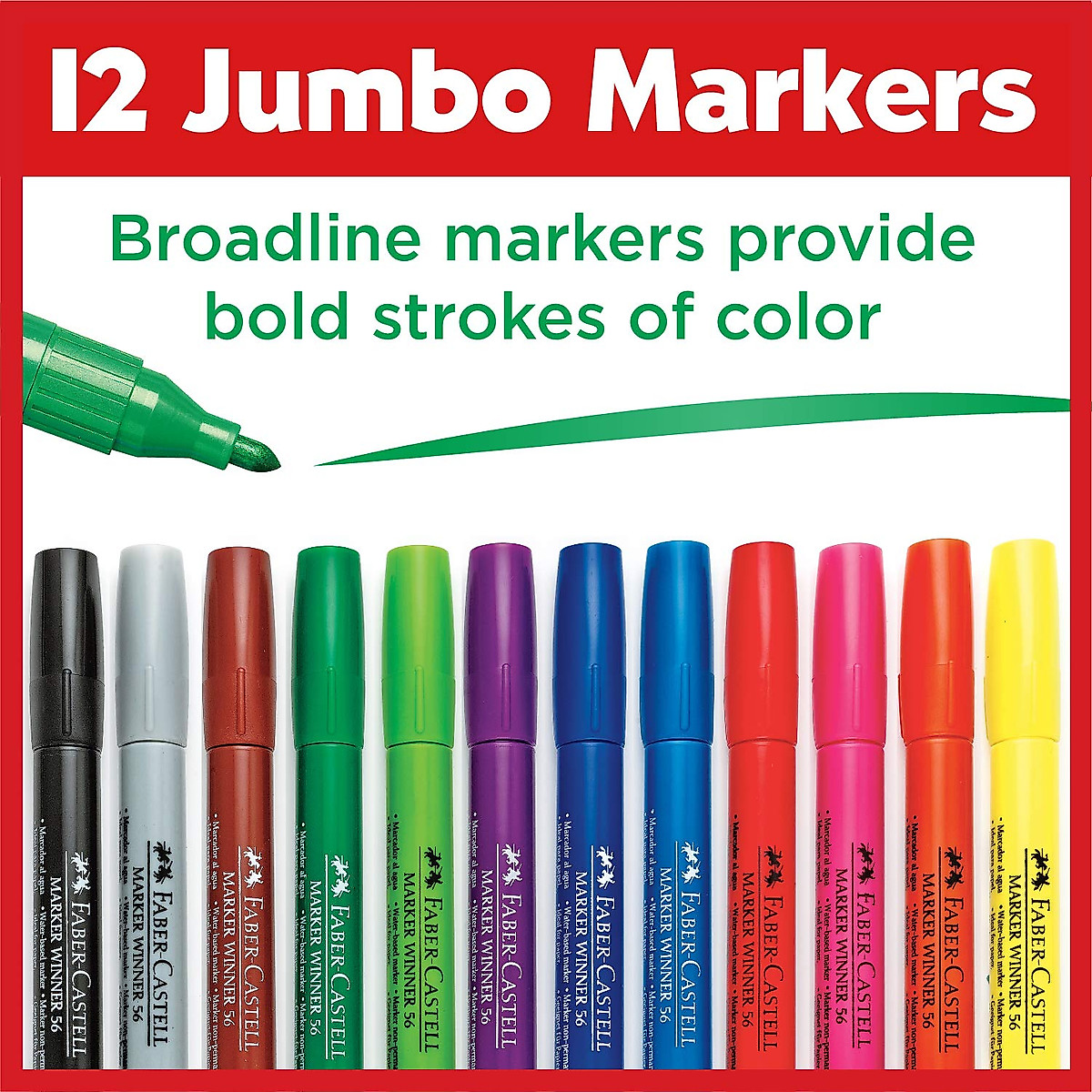 Faber-Castell Jumbo Broad Line Markers - 12 Colored Markers - Non-Toxic Supplies for Kids