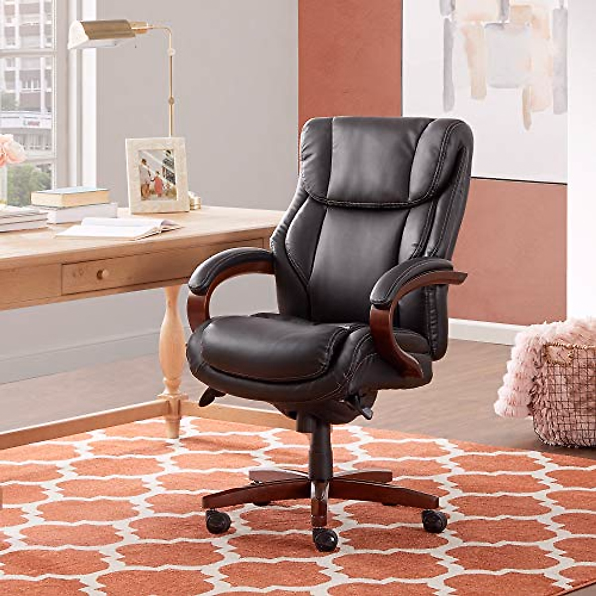 La-Z-Boy Bellamy Executive Office Chair with Memory Foam Cushions, Solid Wood Arms and Base, Waterfall Seat Edge, Bon, Black