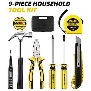 DOWELL Small Homeowner Tool Set 9 Pieces General Household Small Hand Tool Kit with Plastic Tool Box Storage Case