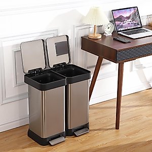 WELYFE 13 Gallon Dual Trash and Recycling Bin, Fingerprint Proof Stainless Steel Kitchen Garbage Can with Double Lid, Pedal Rubbish Bin for Kitchen Home Office, Without Inner Bucket