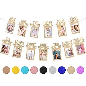 Whaline 1st Birthday Baby Photo Banner for Newborn to 12 Months, Monthly Milestone Photograph Bunting Garland, First Birthday Celebration Decoration (Champagne Gold)