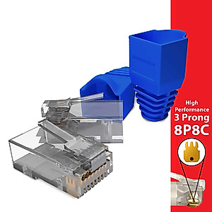 TBEBE 100 Sets of RJ45 Cat6 Pass-Through Connectors for 24 AWG Cables - 100 Pieces Cat6 Connectors Ends and 100 Pcs RJ45 Connectors Blue Strain Relief Boots for Clean, snag-Free ethernet Patch Cord