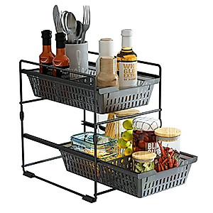 junyuan Under Sink Organizers and Storage,Bathroom Countertop Organizer,Pull Out Cabinet Organizer Baskets with Dividers,Black