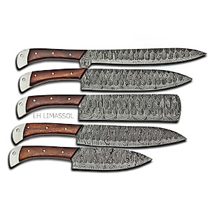 Damascus Steel Kitchen Knife Set, 5 PCS Hand Forged Chef Knife Set With Leather Roll Kit Christmas gift kitchen and Dinning