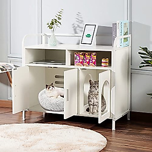 Amunrbrek Litter Box Enclosure,Cat Litter Box Furniture Hidden,Large Washroom with Scratching Pad,Modern Cabinet White