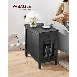 VASAGLE Side Table with Storage, End Table with USB Ports and Outlets, Nightstand with Charging Station, Drawer, Storage Cabinet, Magazine Rack, for Living Room, Bedroom, Charcoal Gray ULET312T22