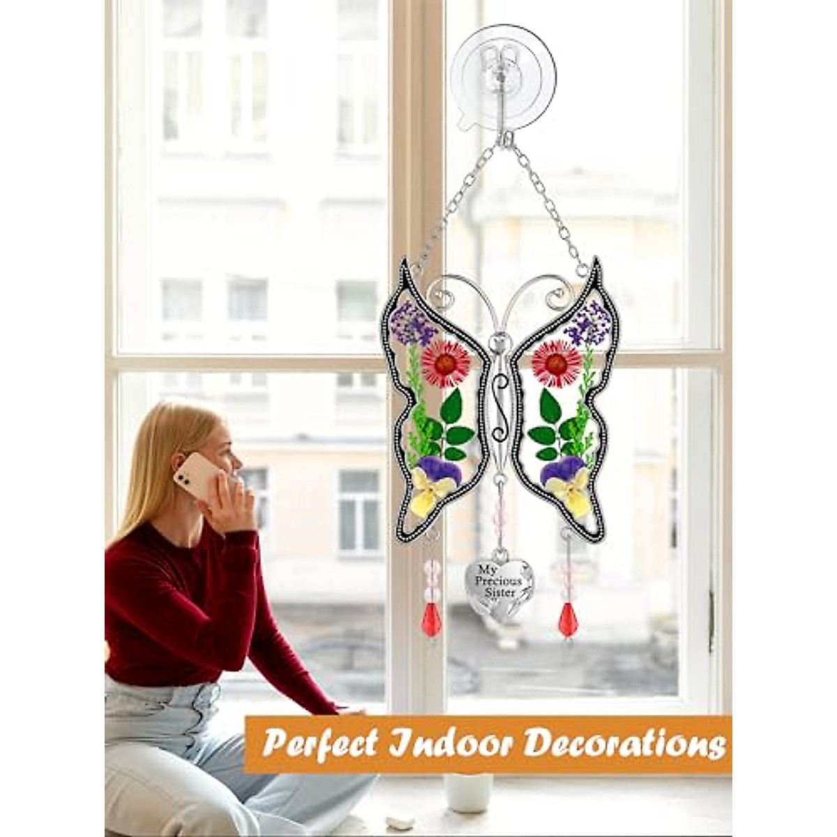KY&BOSAM Butterfly Suncatcher Stained Glass Hangings for Windows My Precious Sister Sun Catcher Pressed Real Flower Wing in Glass Dream Catchers Birthday Mother`s Day Wind Chimes Charm
