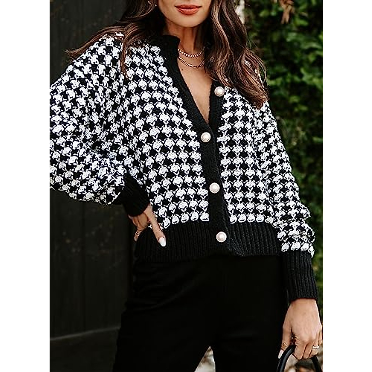 Dokotoo Womens Cardigan Sweaters Color Block V Neck Pearl Button Down Long Sleeve Plaid Cardigans Coats Casual Cable Knit Ribbed Fall Winter Ladies Loose Fit Jackets Outerwear Black XL