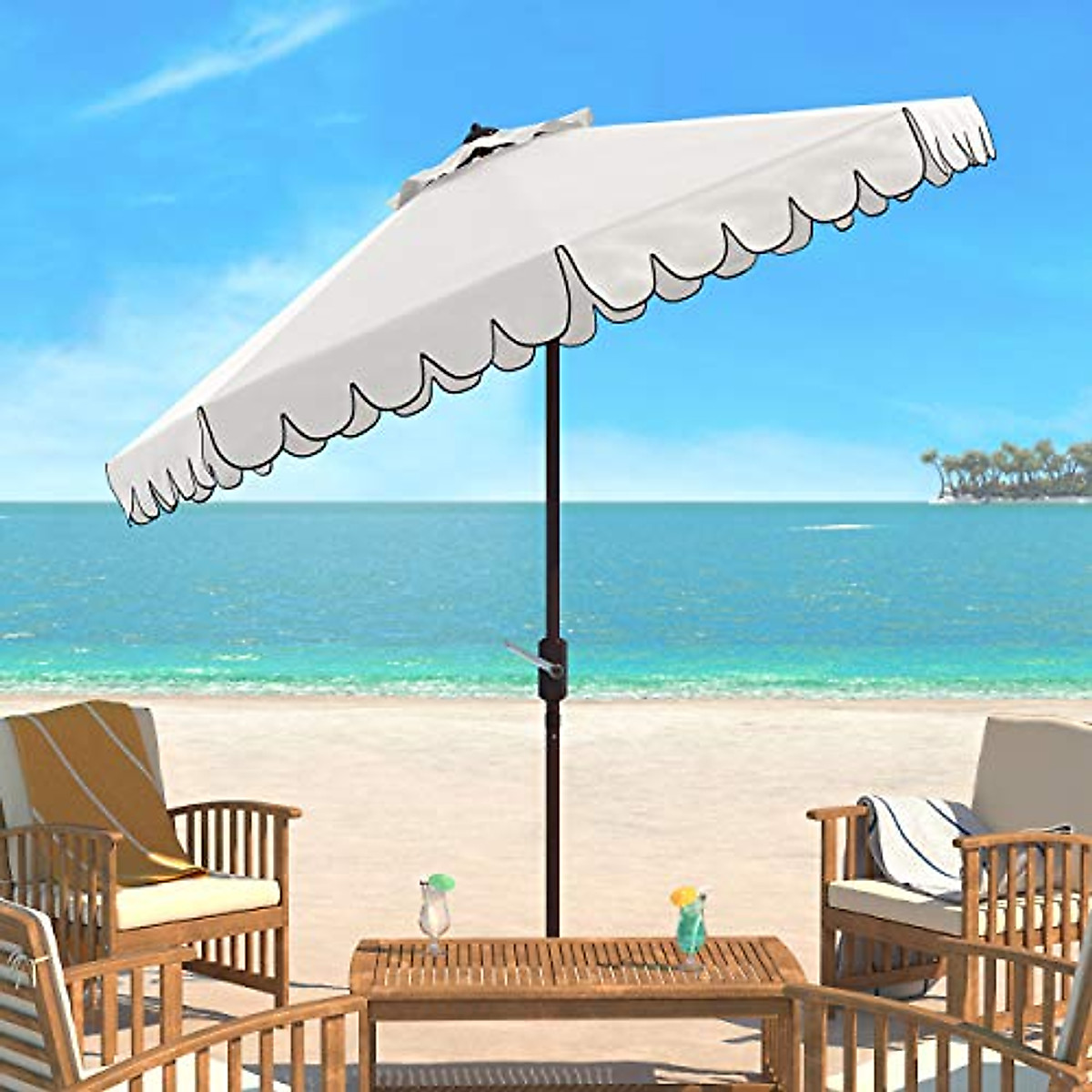 Safavieh PAT8010E Collection Venice White and Black Single Scallop 9Ft Crank Outdoor Push Button Tilt Umbrella