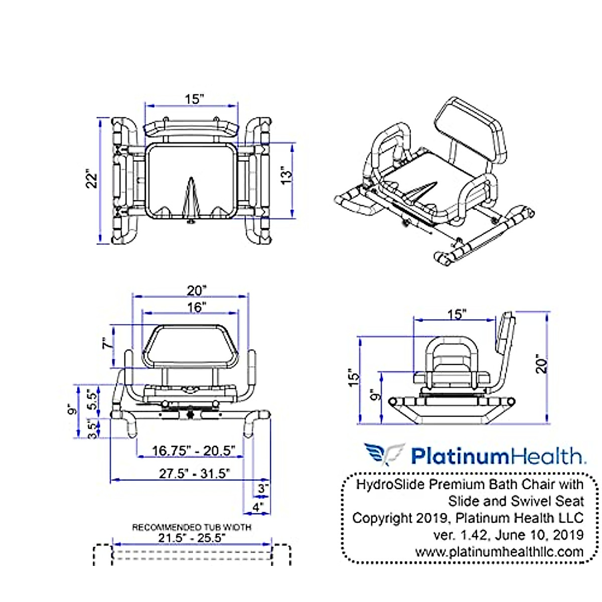 HydroSlide Sliding Shower Chair for Bathtub, Elderly Assistance Products, Transfer Chair Assist for Seniors, Disabled Products for Adults, Bathroom Aid, Padded Swivel Seat, Back, & Handles, Adjustable (Blue)