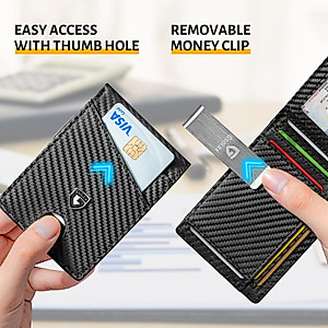 GSOIAX Slim Leather RFID Bifold Wallet for Men with Money Clip and 12 Credit Card Holders - Minimalist Front Pocket Wallet with ID Window, Cool Groove Design (Carbon Black)