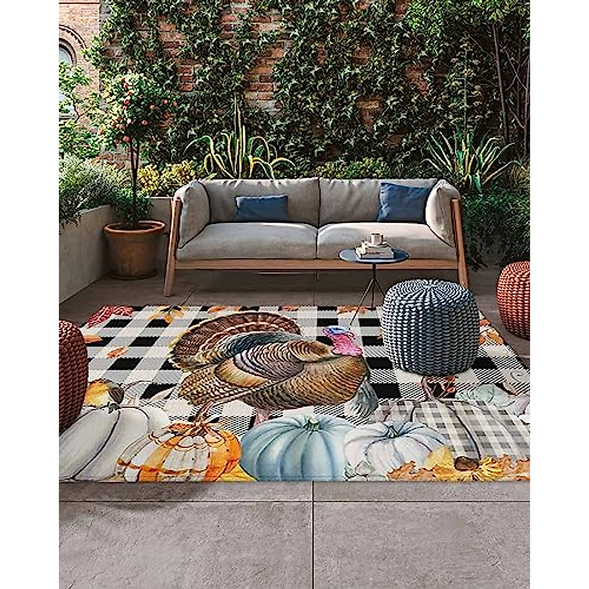 Outdoor Rug Carpet 5x8feet, Thanksgiving Retro Turkey Camping Area Rugs Soft Non-Shedding Non-Slip Floor Carpets Mat for Indoor Living Room,Bedroom Fall Harvest Pumpkin Buffalo Grid
